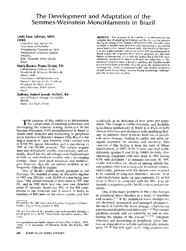 (PDF) The Development and Adaptation of the Semmes-Weinstein ...