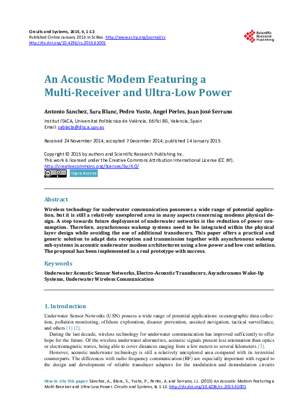 (PDF) An Acoustic Modem Featuring a Multi-Receiver and Ultra-Low Power