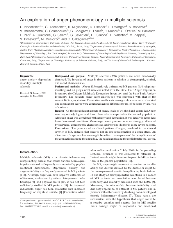 (PDF) An exploration of anger phenomenology in multiple sclerosis
