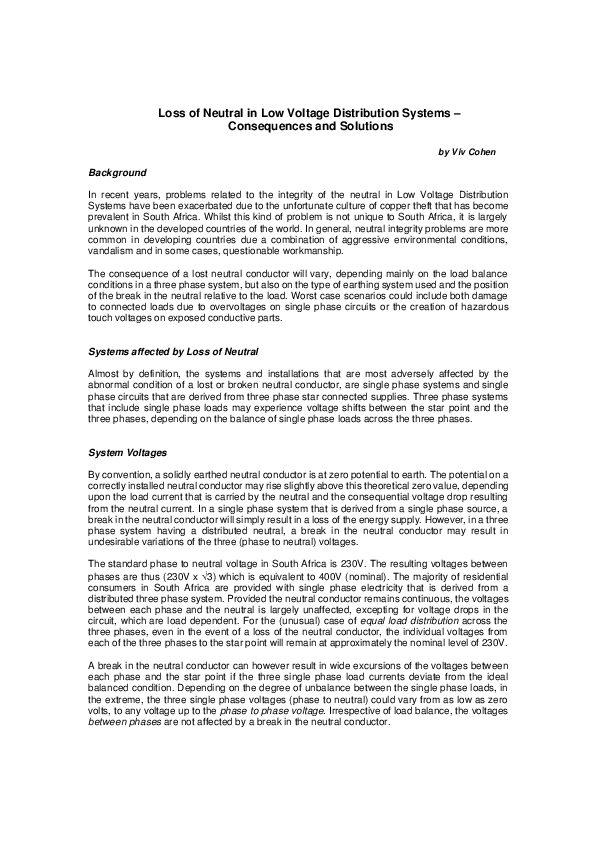 (PDF) Loss of Neutral in Low Voltage Distribution Systems ...