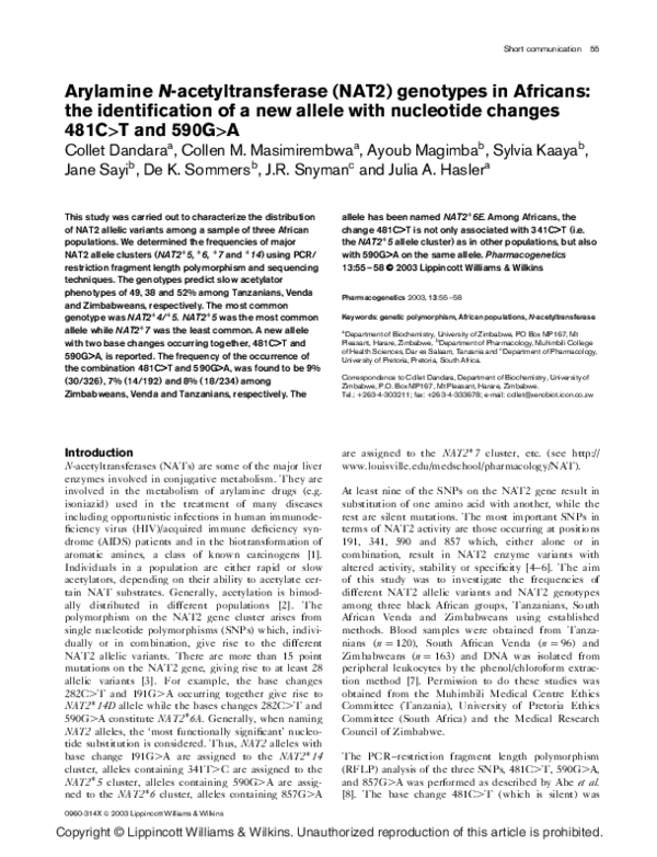 (PDF) Arylamine N-acetyltransferase (NAT2) genotypes in Africans