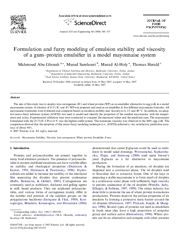 (PDF) Formulation and fuzzy modeling of emulsion stability and ...