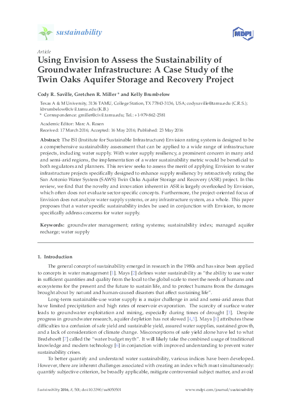 (PDF) Using Envision to Assess the Sustainability of Groundwater ...