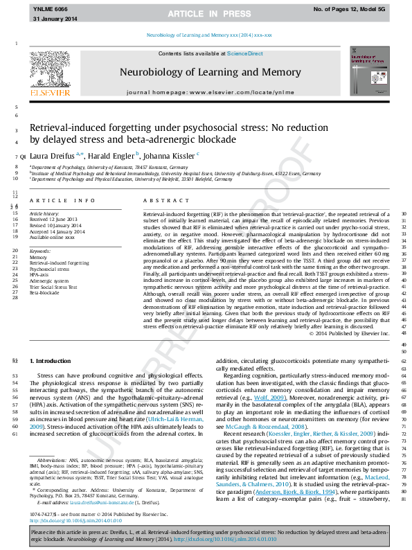 (PDF) Retrieval-induced forgetting under psychosocial stress: No reduction by delayed stress and ...