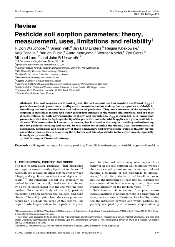 (PDF) Pesticide soil sorption parameters: theory, measurement, uses ...