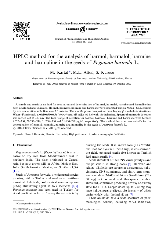 (PDF) HPLC method for the analysis of harmol, harmalol, harmine and ...