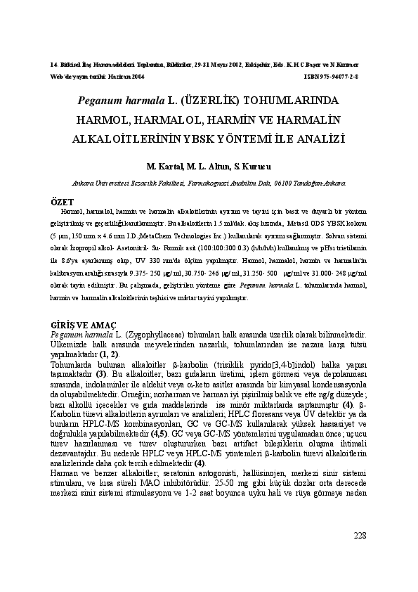 (PDF) Peganum harmala L. (ÜZERLİK) TOHUMLARINDA HARMOL, HARMALOL ...