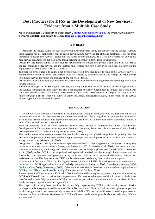 (PDF) Best Practices for DFSS in the Development of New Services ...