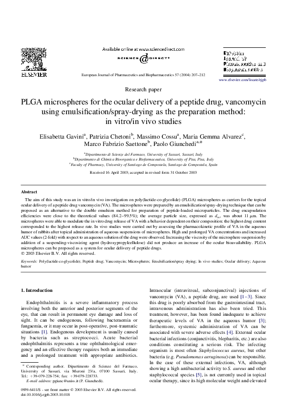 Pdf Plga Microspheres For The Ocular Delivery Of A Peptide Drug Vancomycin Using