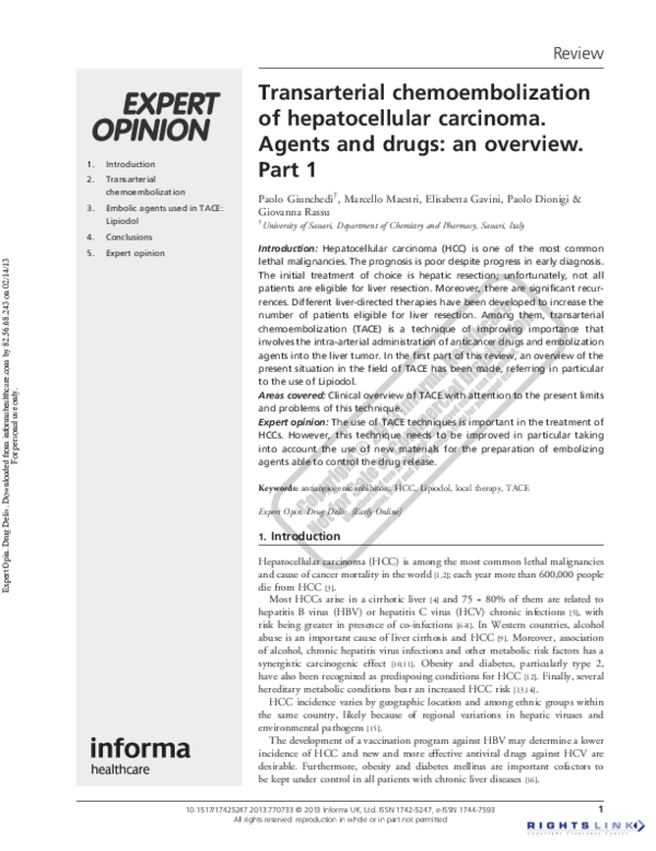 (PDF) Transarterial chemoembolization of hepatocellular carcinoma. Agents and drugs: an overview ...
