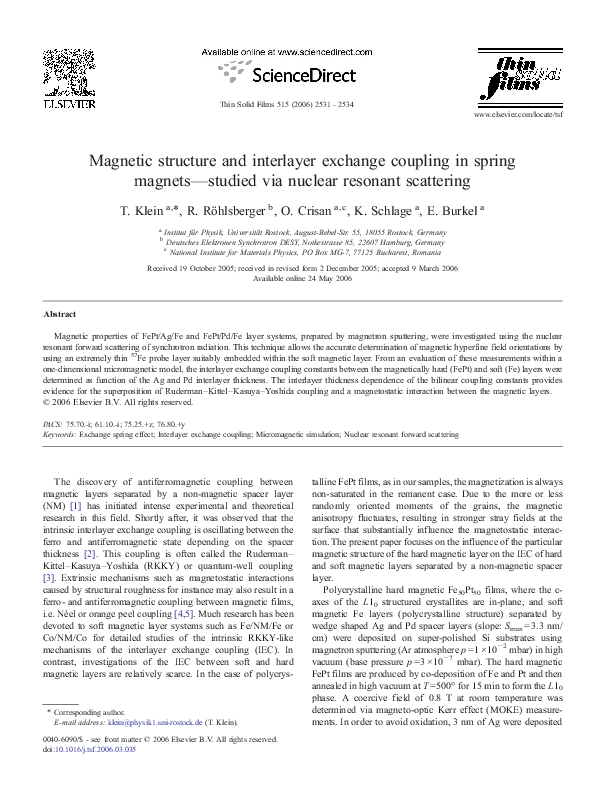 (PDF) Magnetic structure and interlayer exchange coupling in spring ...