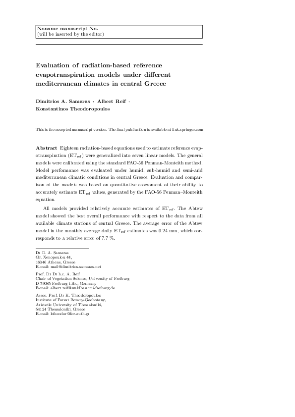 Pdf Radiation Et Models In Central Greeces Climates