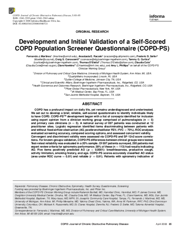 Pdf Development And Initial Validation Of A Self Scored Copd Population Screener Questionnaire