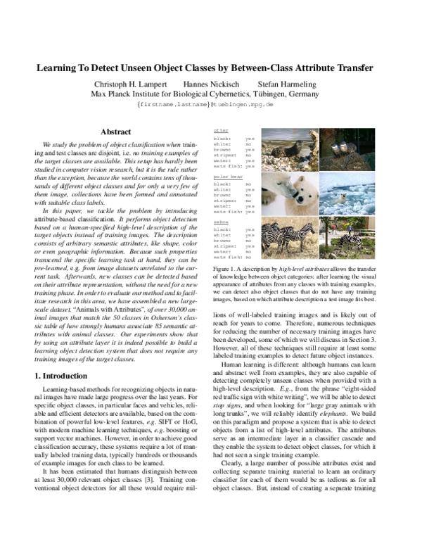 (PDF) Learning to detect unseen object classes by between-class attribute transfer