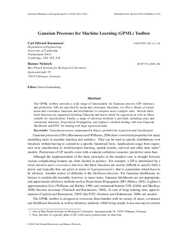 (PDF) Gaussian Processes for Machine Learning (GPML) Toolbox