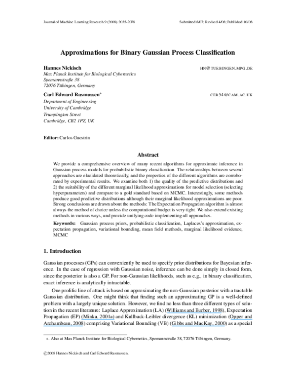 Pdf Approximations For Binary Gaussian Process Classification Hannes Nickisch