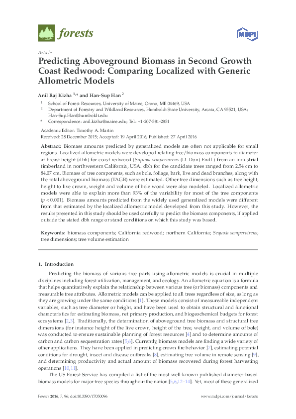 (PDF) Predicting Aboveground Biomass in Second Growth Coast Redwood: Comparing Localized with ...