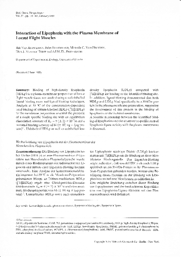 (PDF) Interaction of Lipophorin with the Plasma Membrane of Locust ...