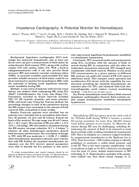 (PDF) Impedance Cardiography: A Potential Monitor for Hemodialysis