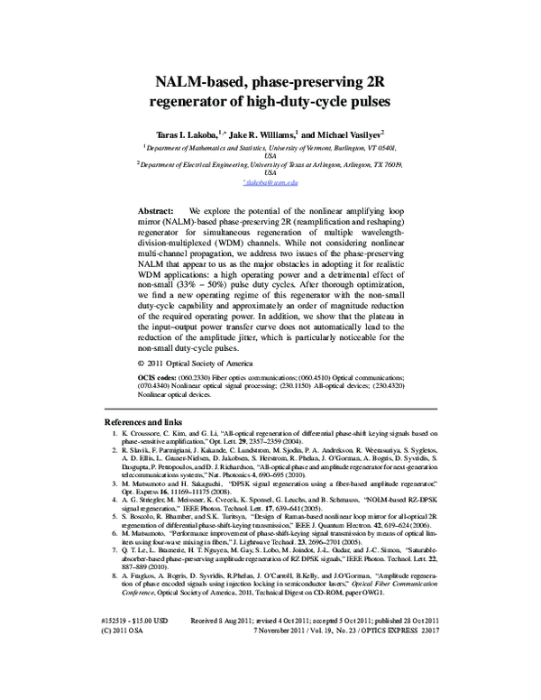 (PDF) NALM-based, phase-preserving 2R regenerator of high-duty-cycle pulses