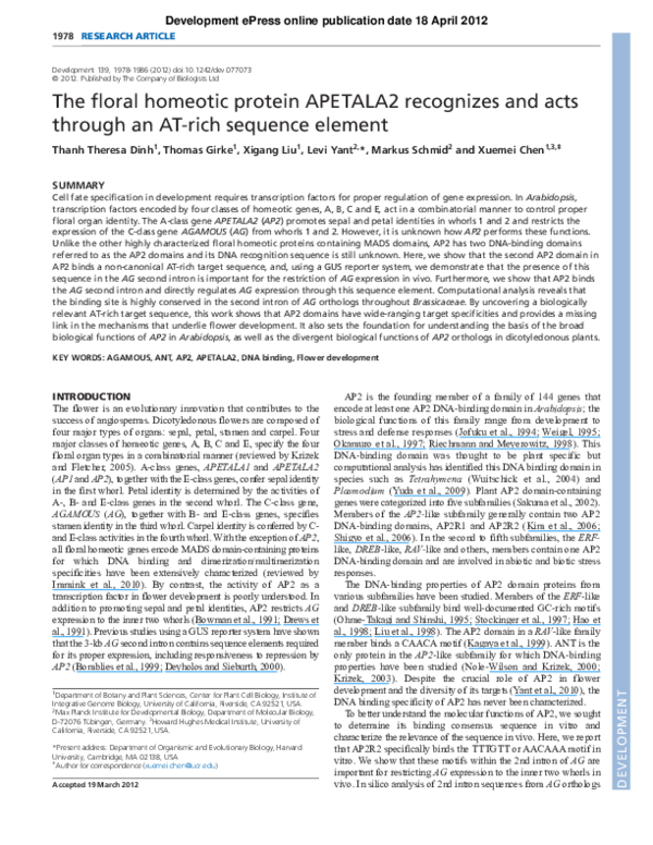 (PDF) The floral homeotic protein APETALA2 recognizes and acts through ...