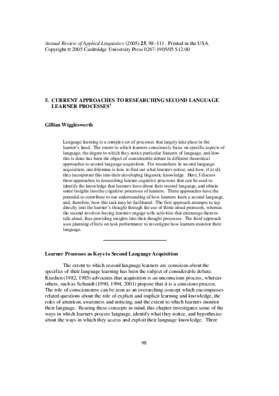 (PDF) CURRENT APPROACHES TO RESEARCHING SECOND LANGUAGE LEARNER PROCESSES
