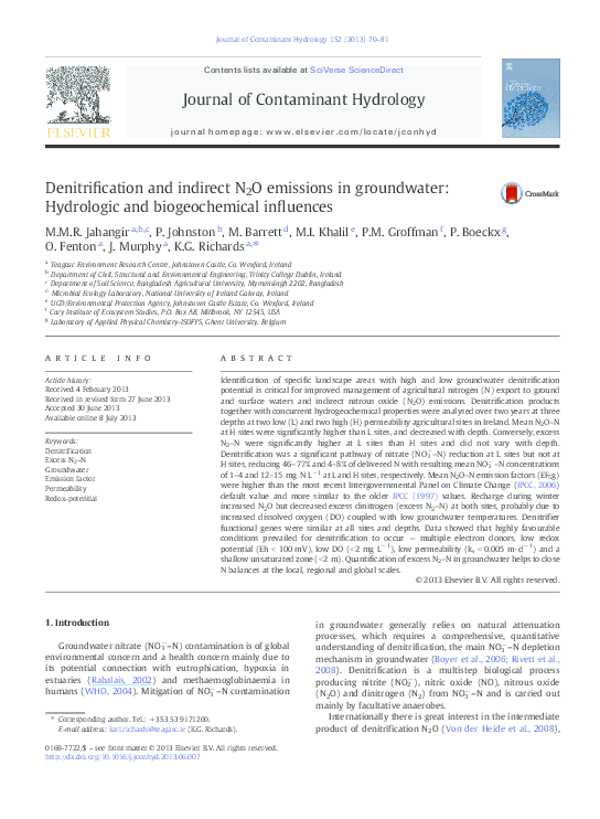 (PDF) Denitrification and indirect N2O emissions in groundwater: Hydrologic and biogeochemical ...
