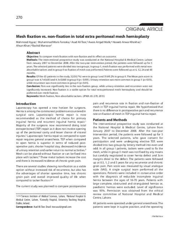 (PDF) Mesh Fixation vs. Non-Fixation in Total Extra Peritoneal (TEP) Mesh Hernioplasty