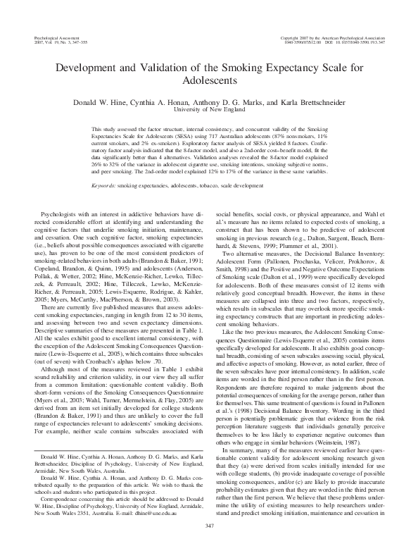 (PDF) Development and validation of the Smoking Expectancy Scale for Adolescents