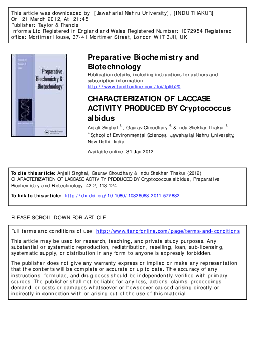 (PDF) CHARACTERIZATION OF LACCASE ACTIVITY PRODUCED BY Cryptococcus albidus