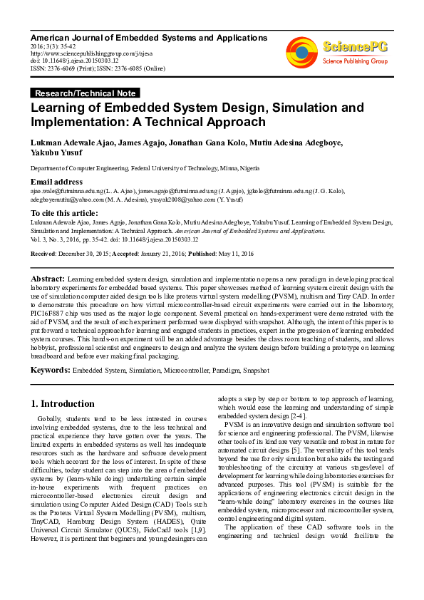 (PDF) Learning of Embedded System Design, Simulation and Implementation: A Technical Approach