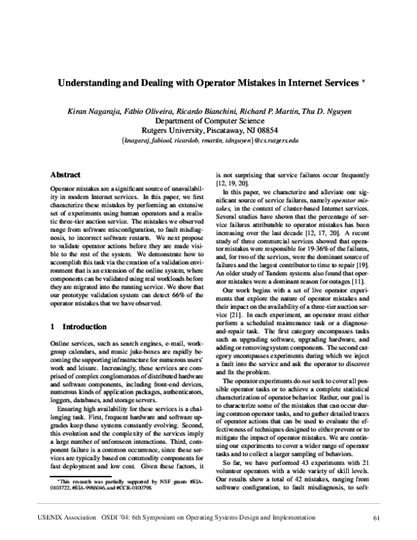 (PDF) Understanding and dealing with operator mistakes in internet services