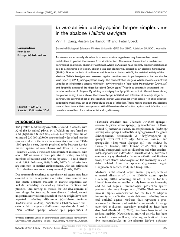 In vitro antiviral activity against herpes simplex virus in the abalone ...