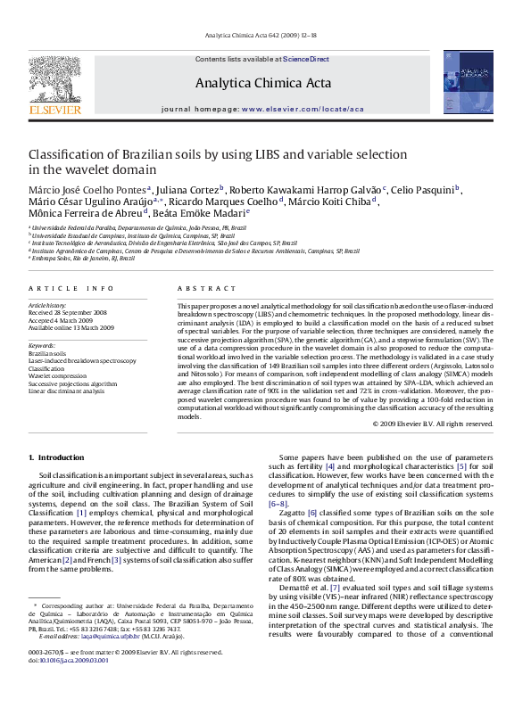 (PDF) Classification of Brazilian soils by using LIBS and variable selection in the wavelet domain