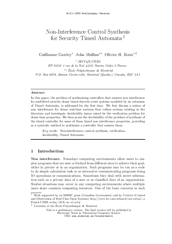 (PDF) Non-Interference Control Synthesis for Security Timed Automata