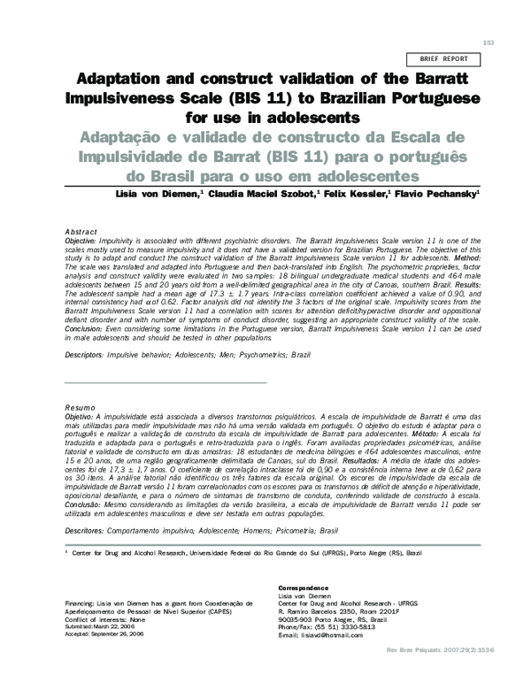 (PDF) Adaptation and construct validation of the Barratt Impulsiveness ...