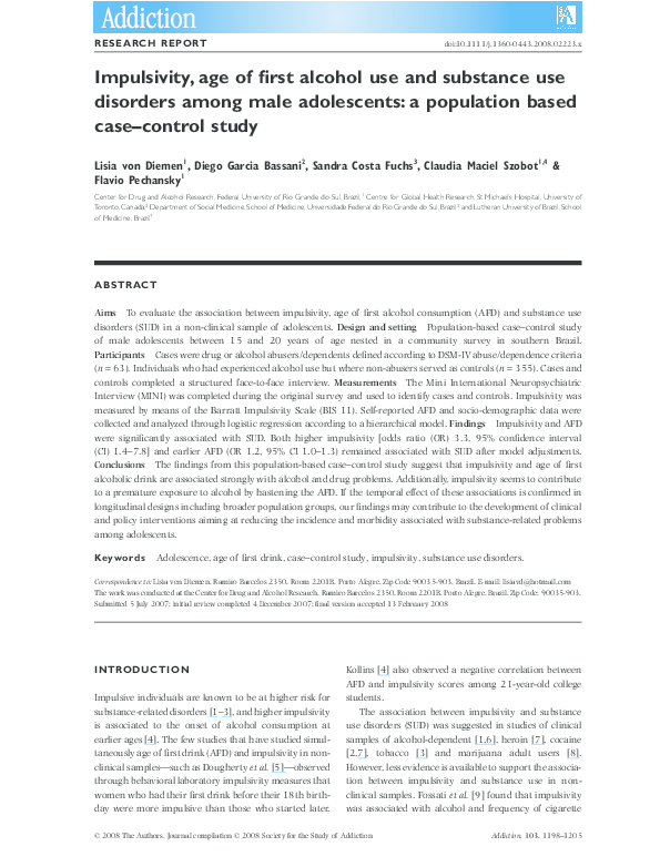 (PDF) Impulsivity, age of first alcohol use and substance use disorders ...