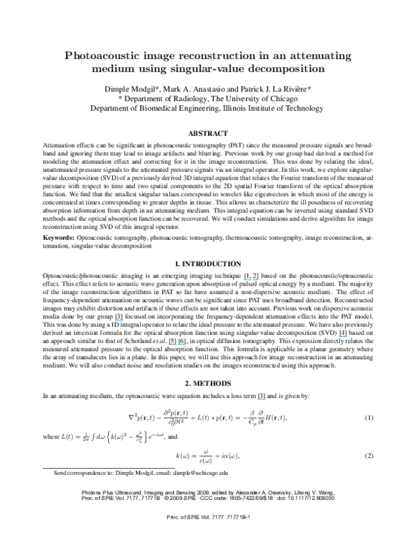 (PDF) Photoacoustic image reconstruction in an attenuating medium using singular-value decomposition