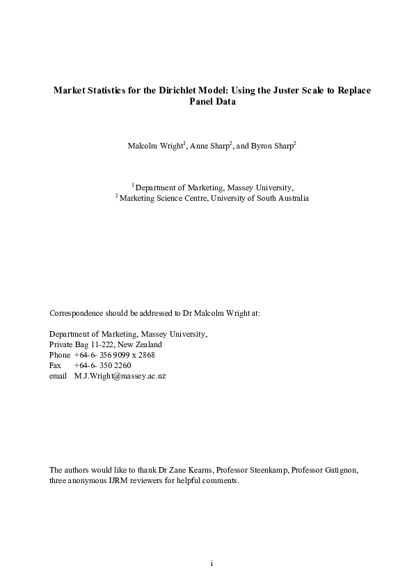 (PDF) Market statistics for the Dirichlet model: Using the Juster scale to replace panel data