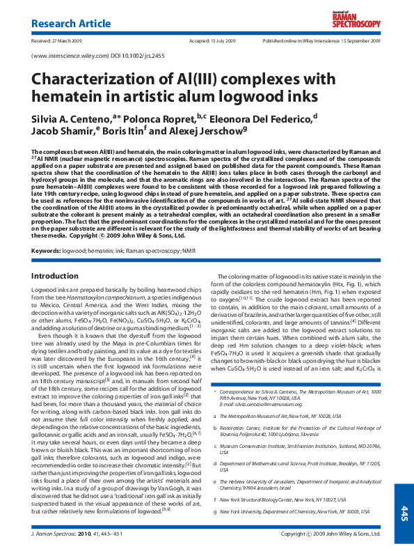 (PDF) Characterization of Al(III) complexes with hematein in artistic ...