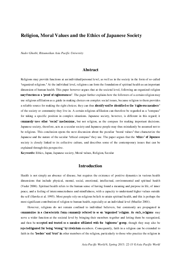 (PDF) Religion, Moral Values and the Ethics of Japanese Society