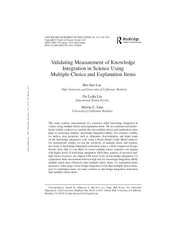 Pdf Validating Measurement Of Knowledge Integration In Science Using