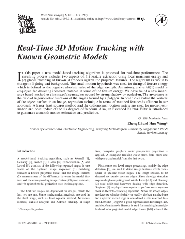 (PDF) Real-Time 3D Motion Tracking with Known Geometric Models
