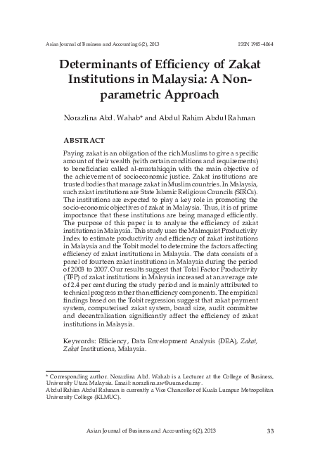 (PDF) Determinants of Efficiency of Zakat Institutions in Malaysia: A Non- parametric Approach