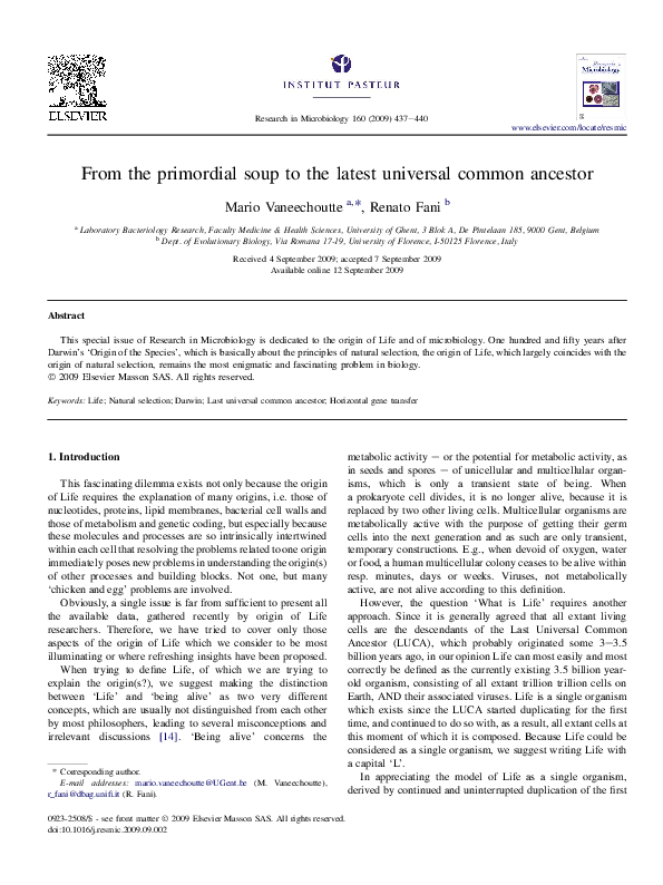 (PDF) From the primordial soup to the latest universal common ancestor