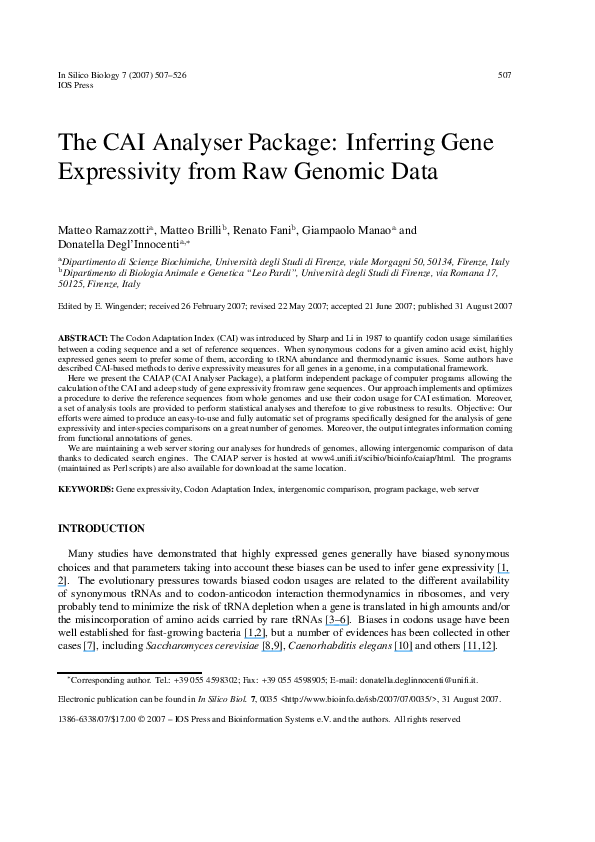 (PDF) The CAI Analyser Package: inferring gene expressivity from raw genomic data