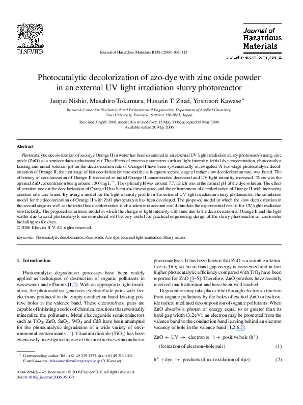 (PDF) Photocatalytic decolorization of azo-dye with zinc oxide powder in an external UV light ...