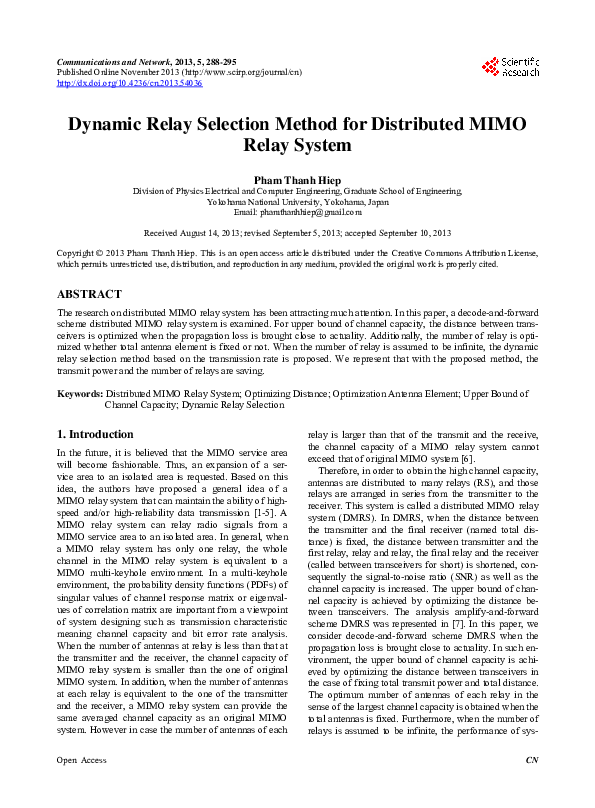 Pdf Dynamic Relay Selection Method For Distributed Mimo Relay System