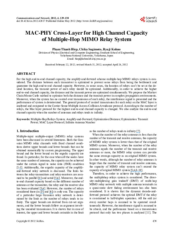 (PDF) MAC-PHY Cross-Layer for High Channel Capacity of Multiple-Hop MIMO Relay System