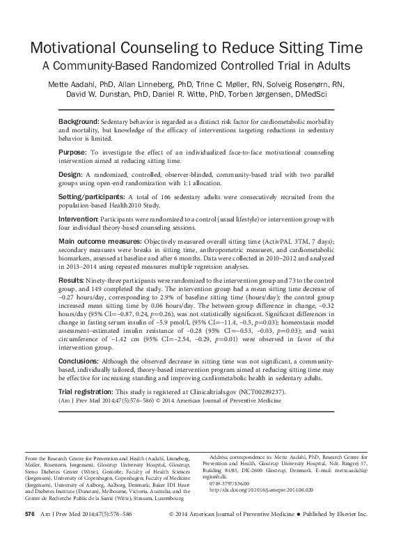 (PDF) Motivational Counseling to Reduce Sitting Time